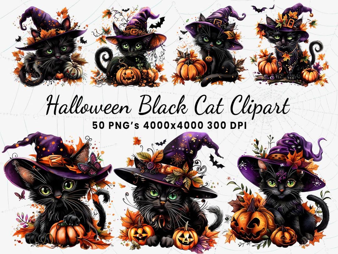 Halloween Watercolor Black Cat Clipart 50 PNG Bundle, Pumpkins, Autumn ...