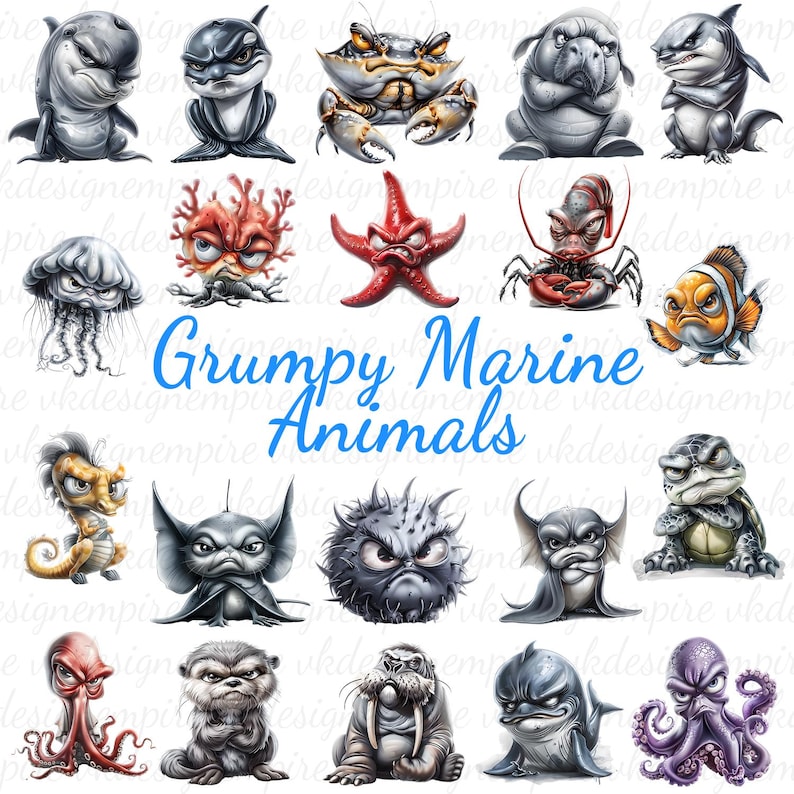 Funny Grumpy Sea Animal Pngs - Transparent Background - Cartoon Clipart ...