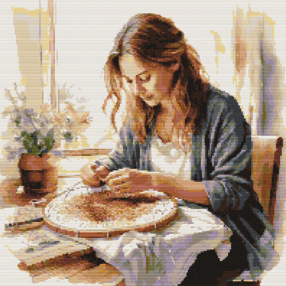 Young Girl Cross-stitching in the Afternoon Light of an Autumn Day ...