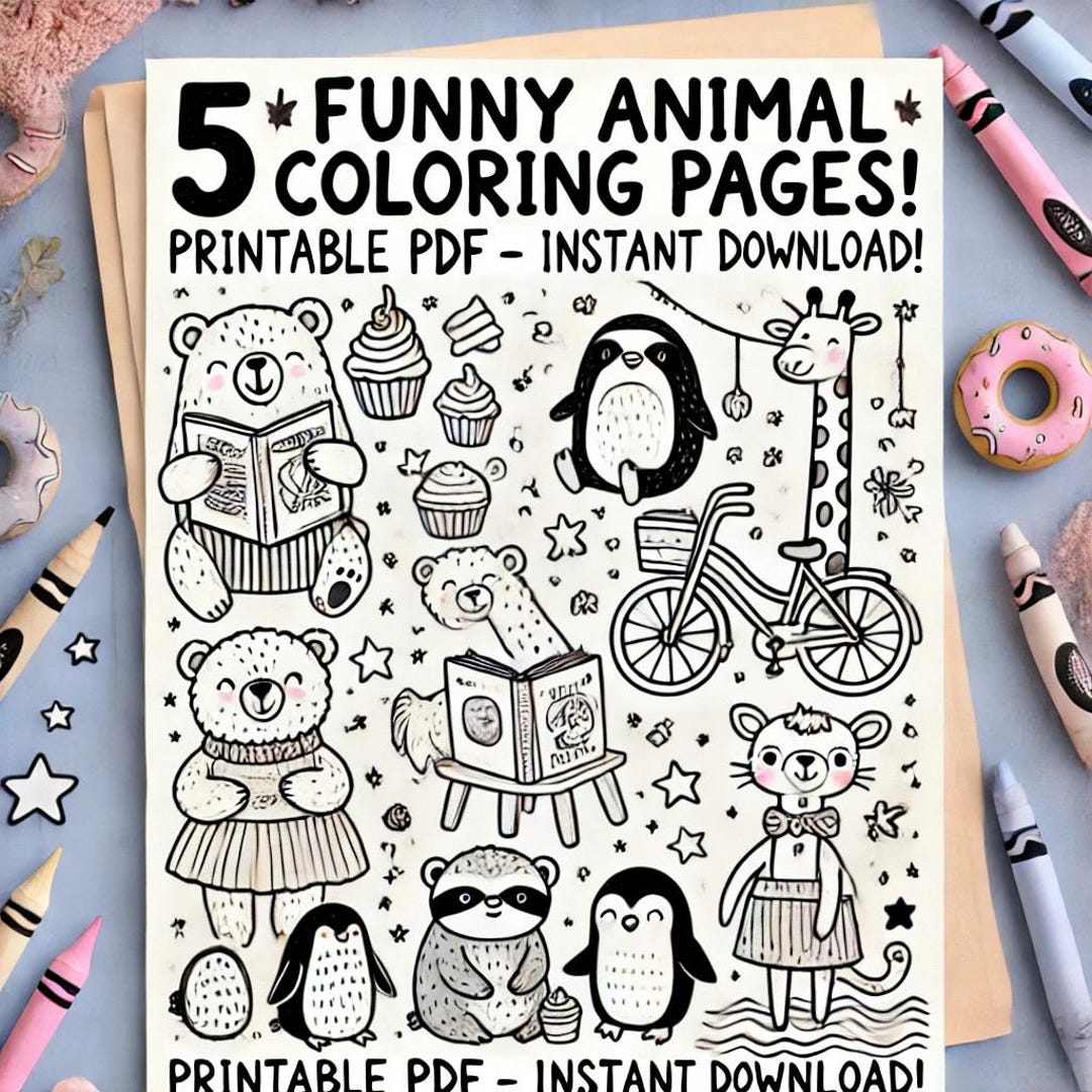 Funny Animal Coloring Pages for Kids – Printable Bundle of 5 Whimsical ...