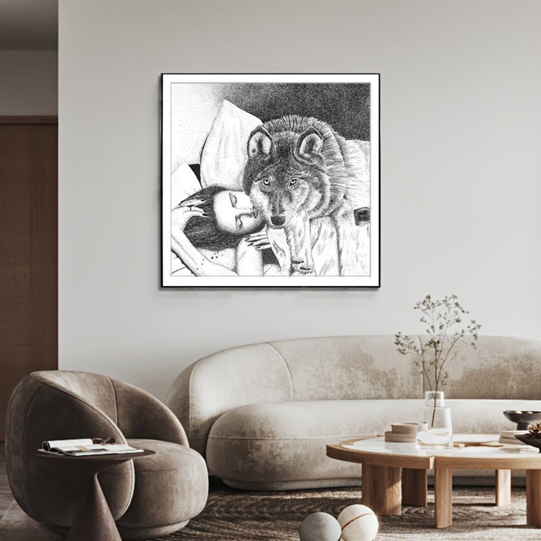 Girl With Wolf Pointillism Print - Etsy