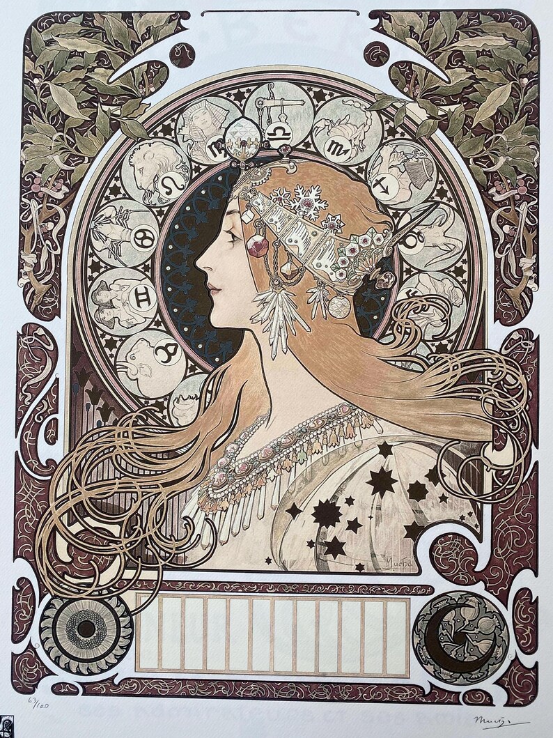 Alfons Mucha "zodiac,1896 " Lithograph, Certificate, Signed, Top! Wall ...
