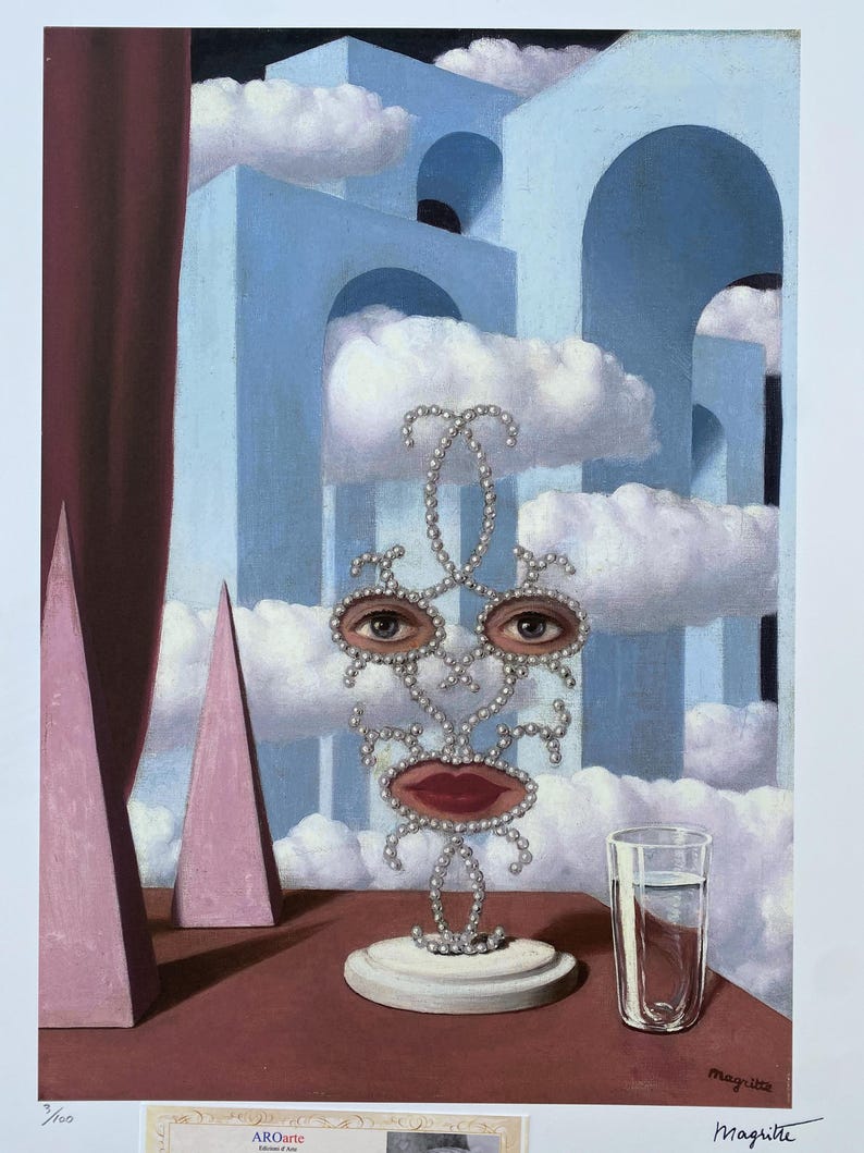 Rene Magritte Surrealist Lithograph: Face in Clouds, Signed W ...