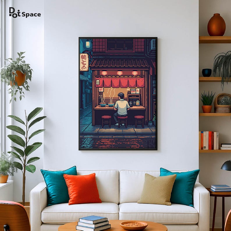 Japanese Ramen Shop Pixel Art, Traditional Storefront Print, Night ...