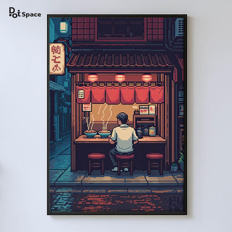Japanese Ramen Shop Pixel Art, Traditional Storefront Print, Night ...