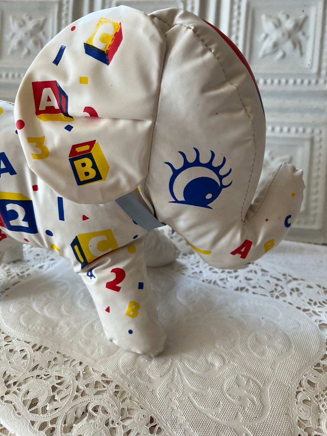 Vintage Vinyl Stuffed Elephant, White With Alphabet Letters and Numbers ...