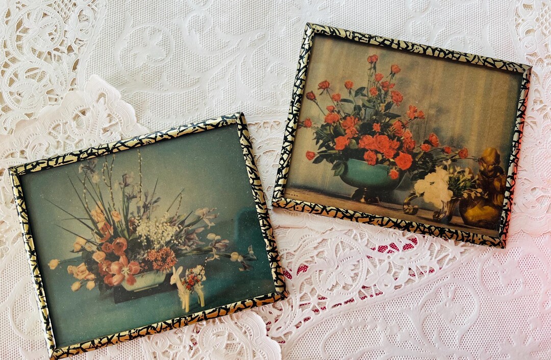 Vintage Pair of Small Still Life Wall Art, Metal Frame With Glass - Etsy