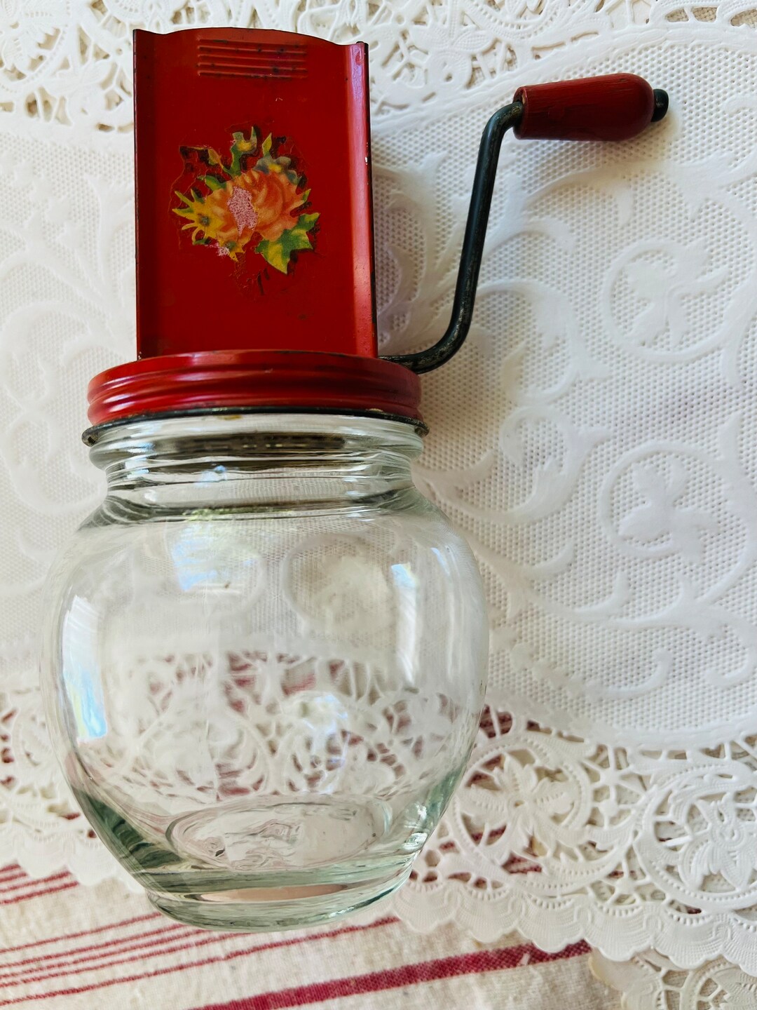 Vintage Hazel Atlas Red Nut Grinder With Wood Handle, Farmhouse Kitchen ...