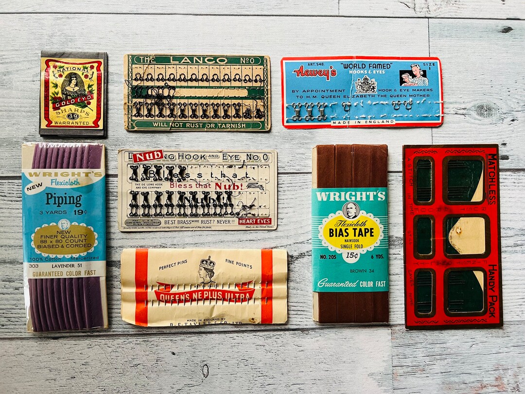 Unusual Vintage Sewing Supplies Set Hooks & Eyes Pins Needles Trim ...
