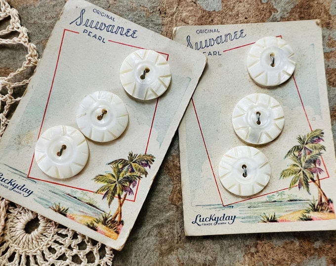 Two Carded Suwanee Pearl Button Sets by Lucky Day, (6 Buttons) Tropical Graphics, Vintage ...