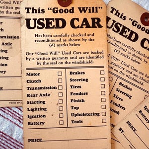 Vintage Car Tag, Automobile, Used Car Hang Tag, Good Will, Large With ...