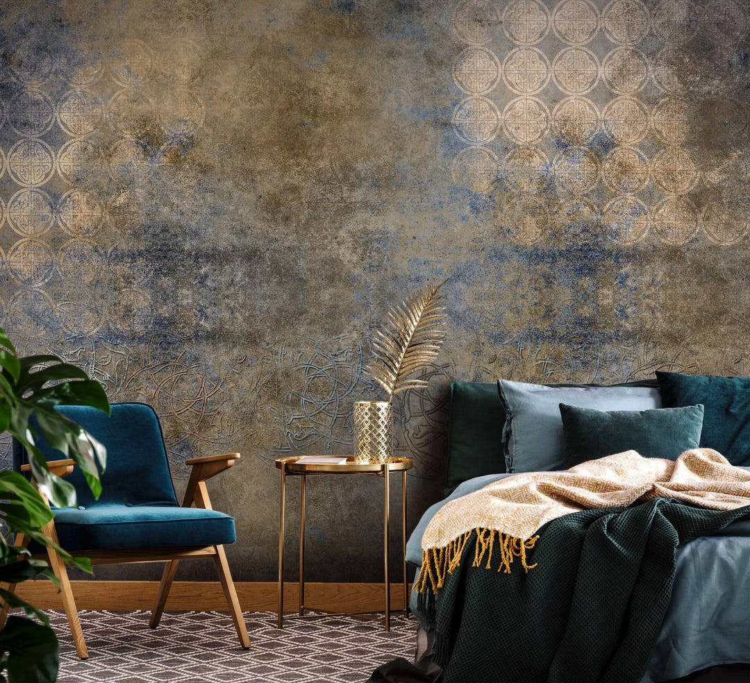 Vintage Chic Blue and Gold Wallpaper for Classic Home Design| Rustic ...