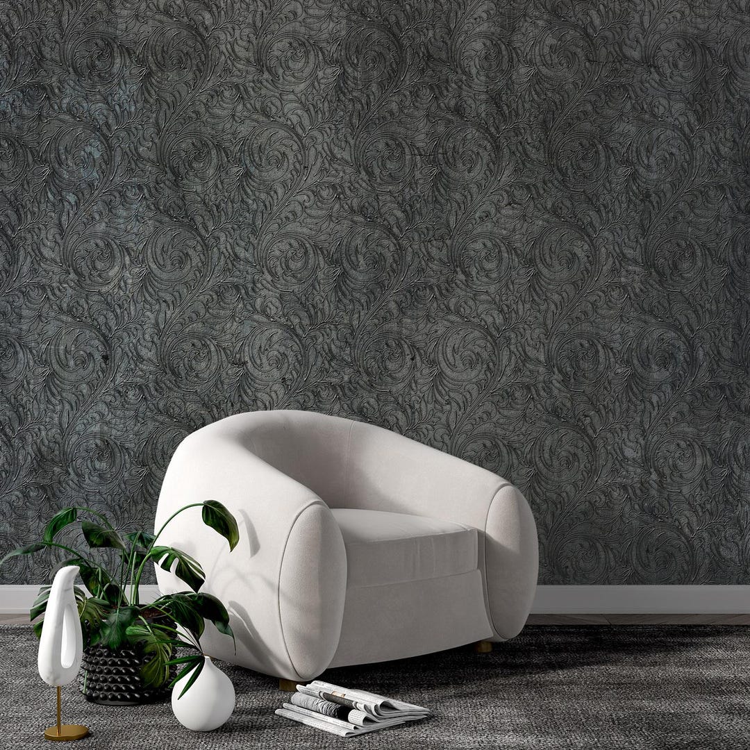 Victorian Swirl Pattern Wallpaper | Charcoal Gray Baroque Wall Décor ...