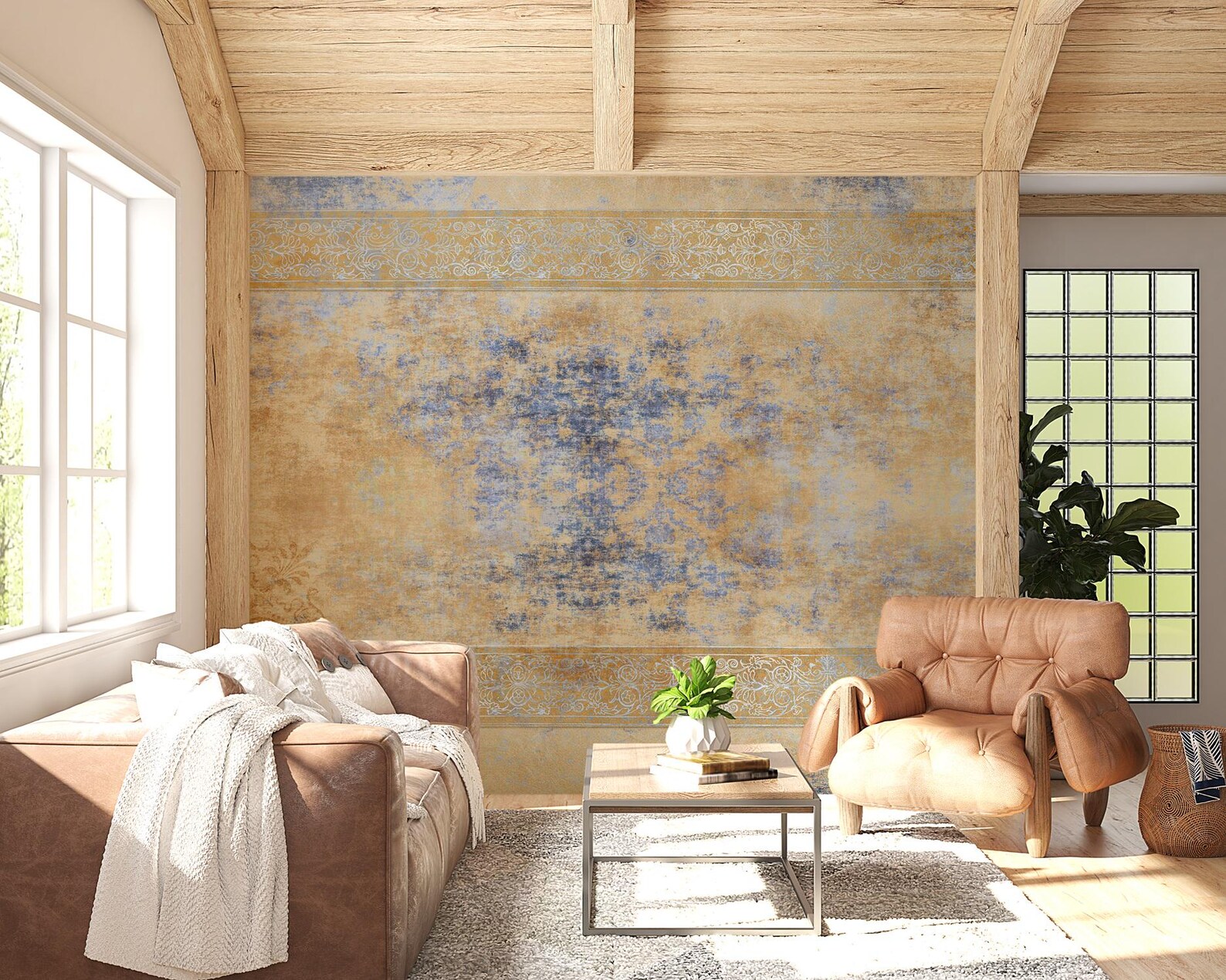 Blue and Gold Antique Rustic Wallpaper | Rustic Vintage-style Wall ...