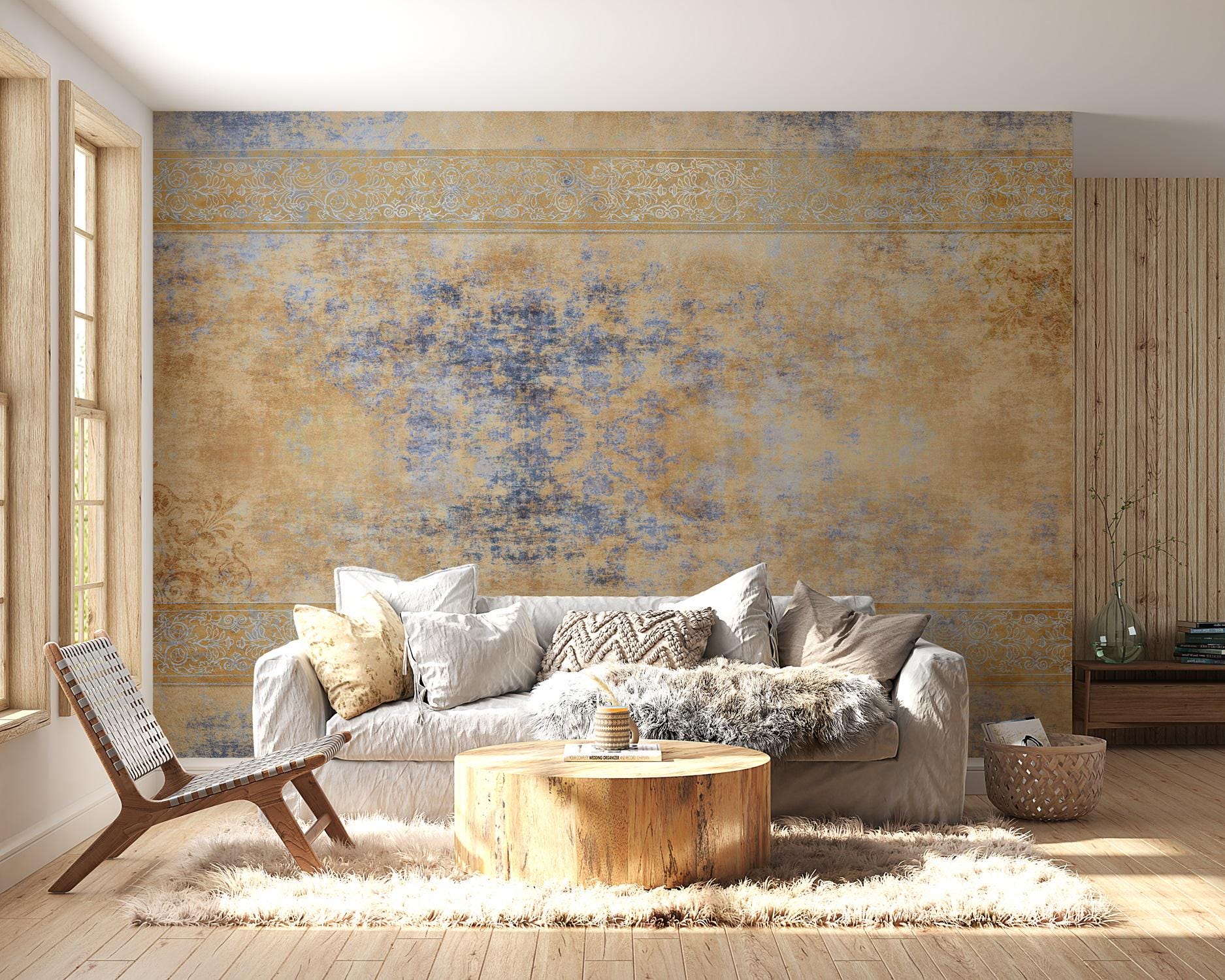 Blue and Gold Antique Rustic Wallpaper | Rustic Vintage-style Wall ...