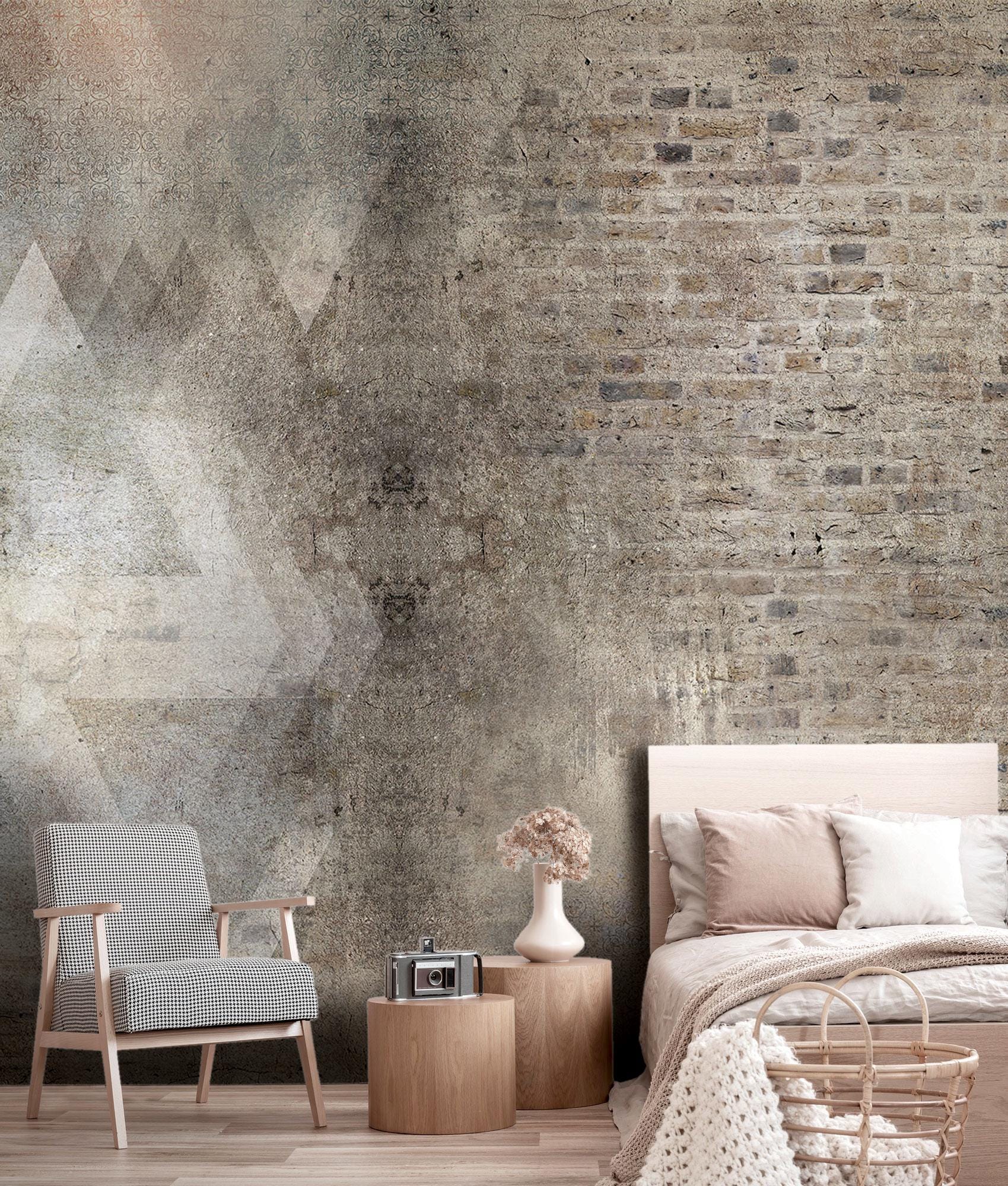 Mandala and Brick Accent Wallpaper | Rustic Textured Wall Covering ...
