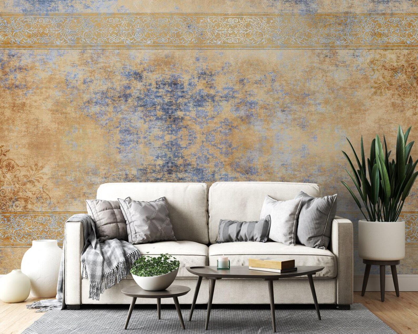 Blue and Gold Antique Rustic Wallpaper | Rustic Vintage-style Wall ...