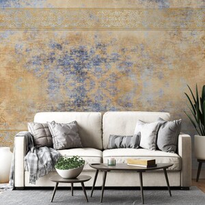 Blue and Gold Antique Rustic Wallpaper | Rustic Vintage-style Wall ...