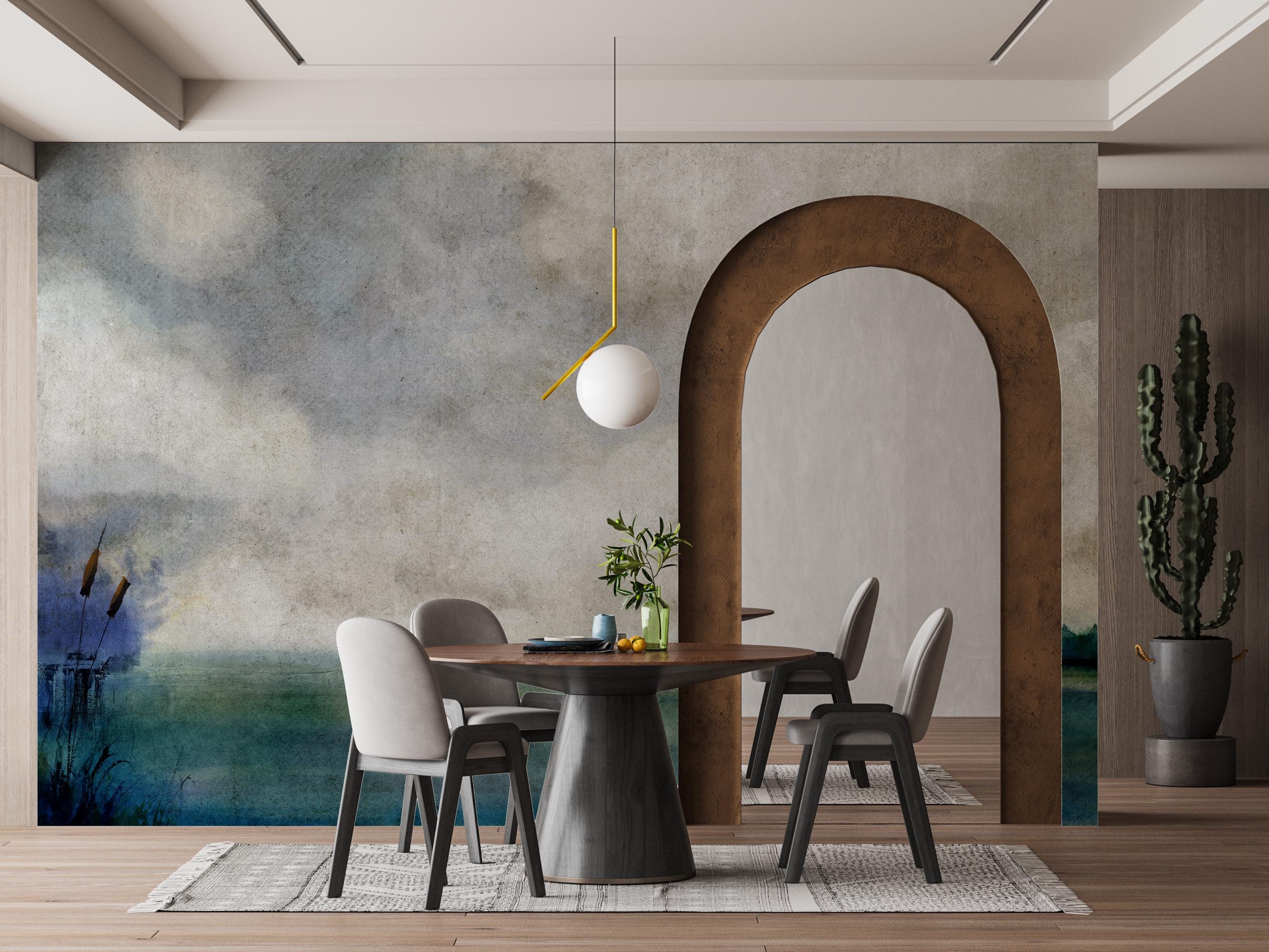 Dreamy Watercolor Lake View Wall Art | Calm Coastal Landscape Wallpaper ...