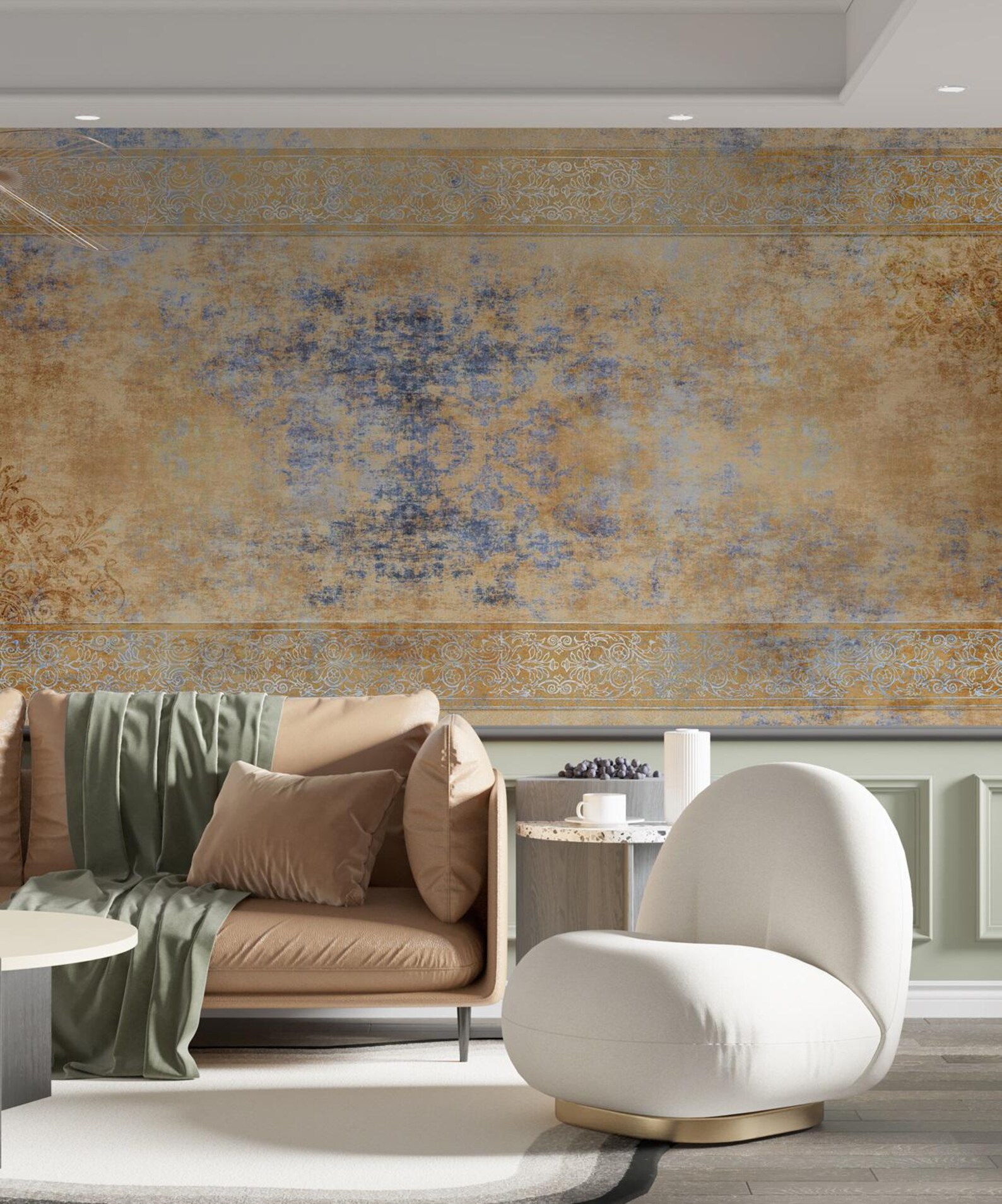 Blue and Gold Antique Rustic Wallpaper | Rustic Vintage-style Wall ...