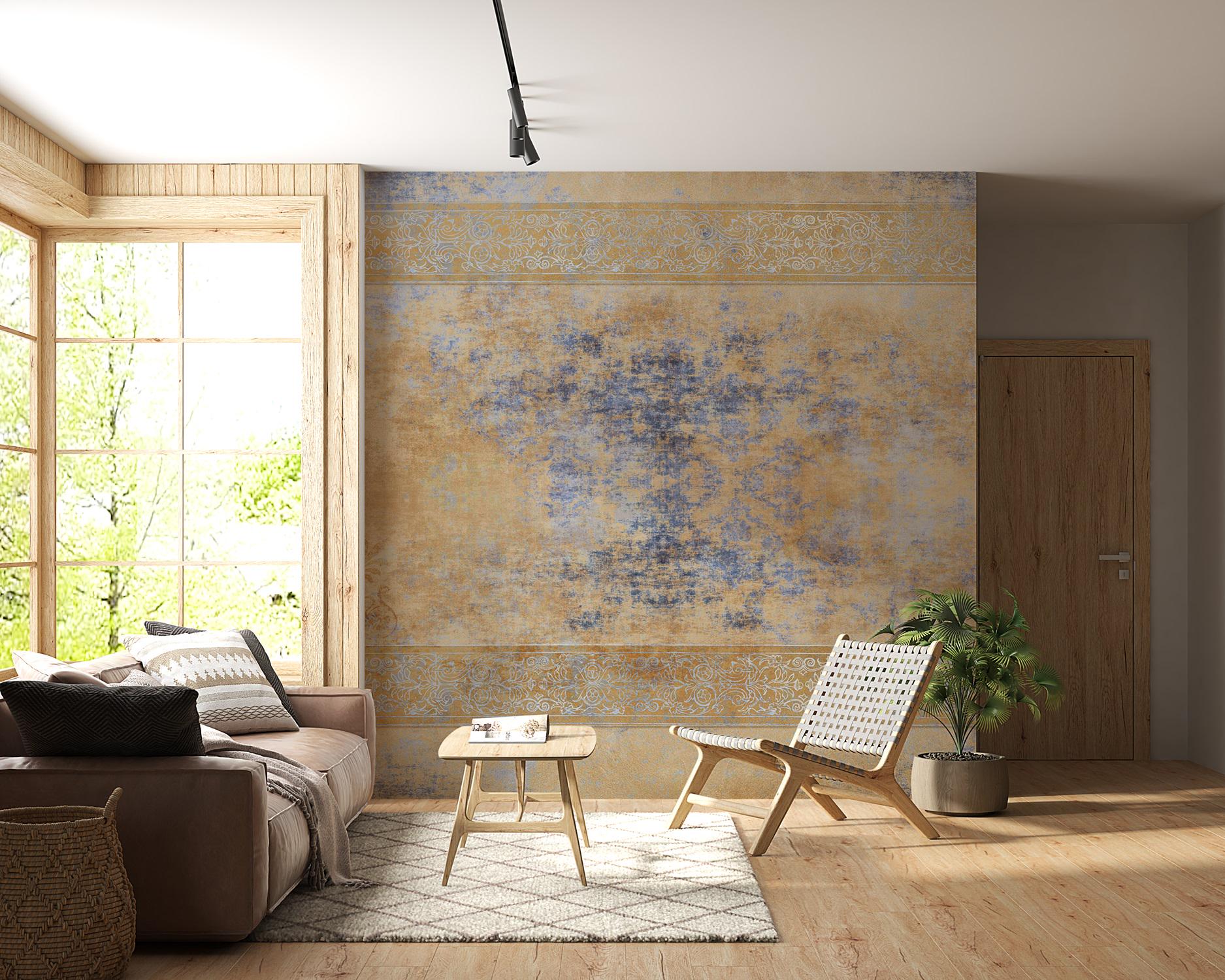 Blue and Gold Antique Rustic Wallpaper | Rustic Vintage-style Wall ...