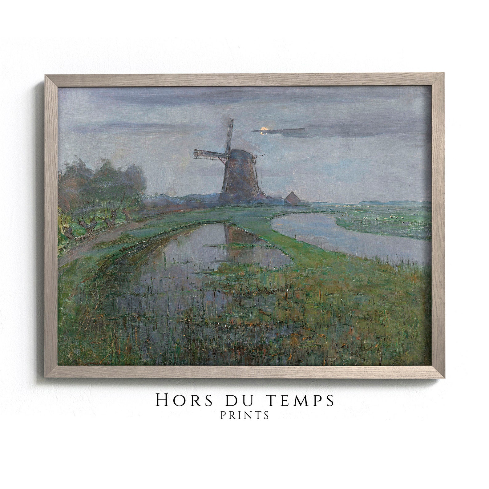 Vintage Moody Dutch Windmill PRINTABLE Art, Rustic River Landscape Oil ...