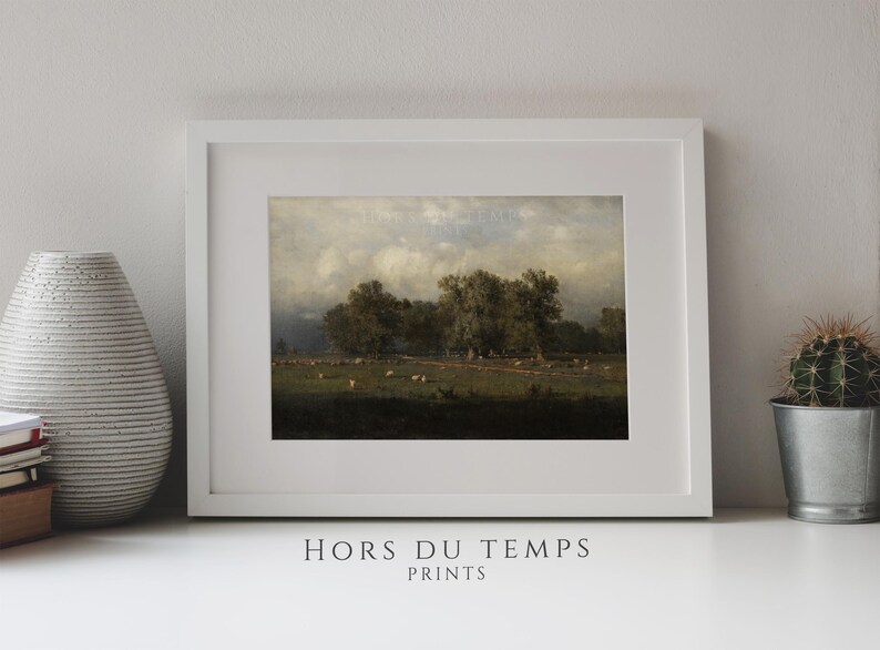 Sheep in a Pasture Painting, Muted Green Tones Fields Landscape ...
