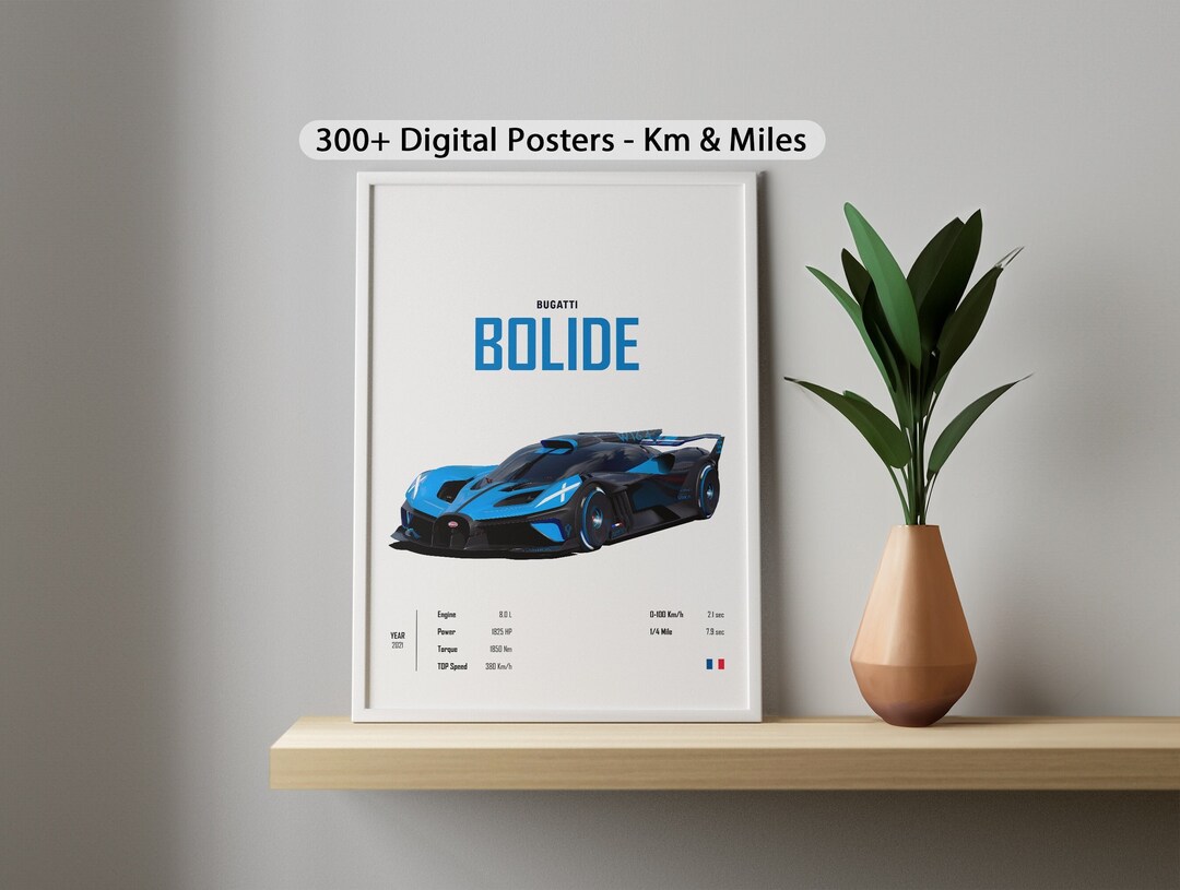 Bugatti Bolide Poster 2019 Km & Miles Car Poster Prints Wall Art Kids ...