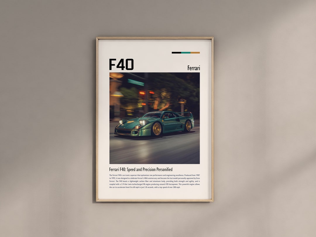 Poster Ferrari F40 1987 Car Poster Digital Car Portrait Digital Print ...
