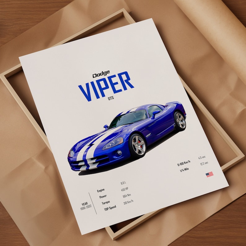 Dodge Viper GTS Poster: Car Illustration, Kids Room Decor (digital ...