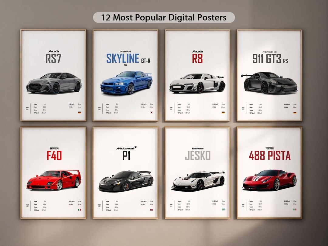 Set of 12 Most Popular Car Posters Wall Art Cool Racing Home Decoration ...