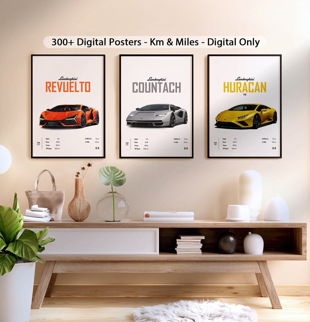 Lambo Huracan, Countach, Revuelto Car Poster Prints Set (digital ...