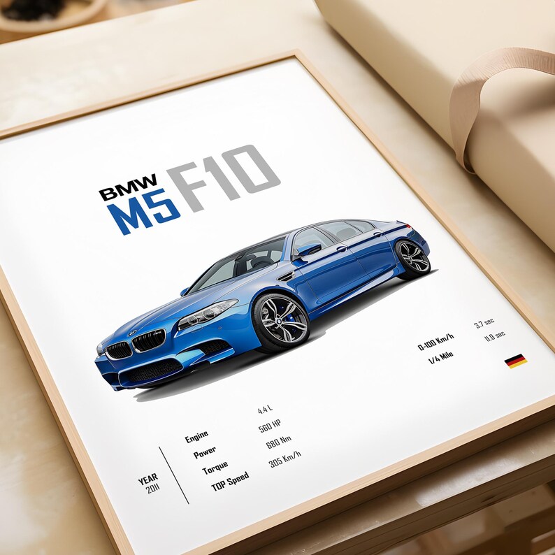 BMW M5 F10 2011 Car Poster KM & MI Digital Download Prints Wall Decor ...