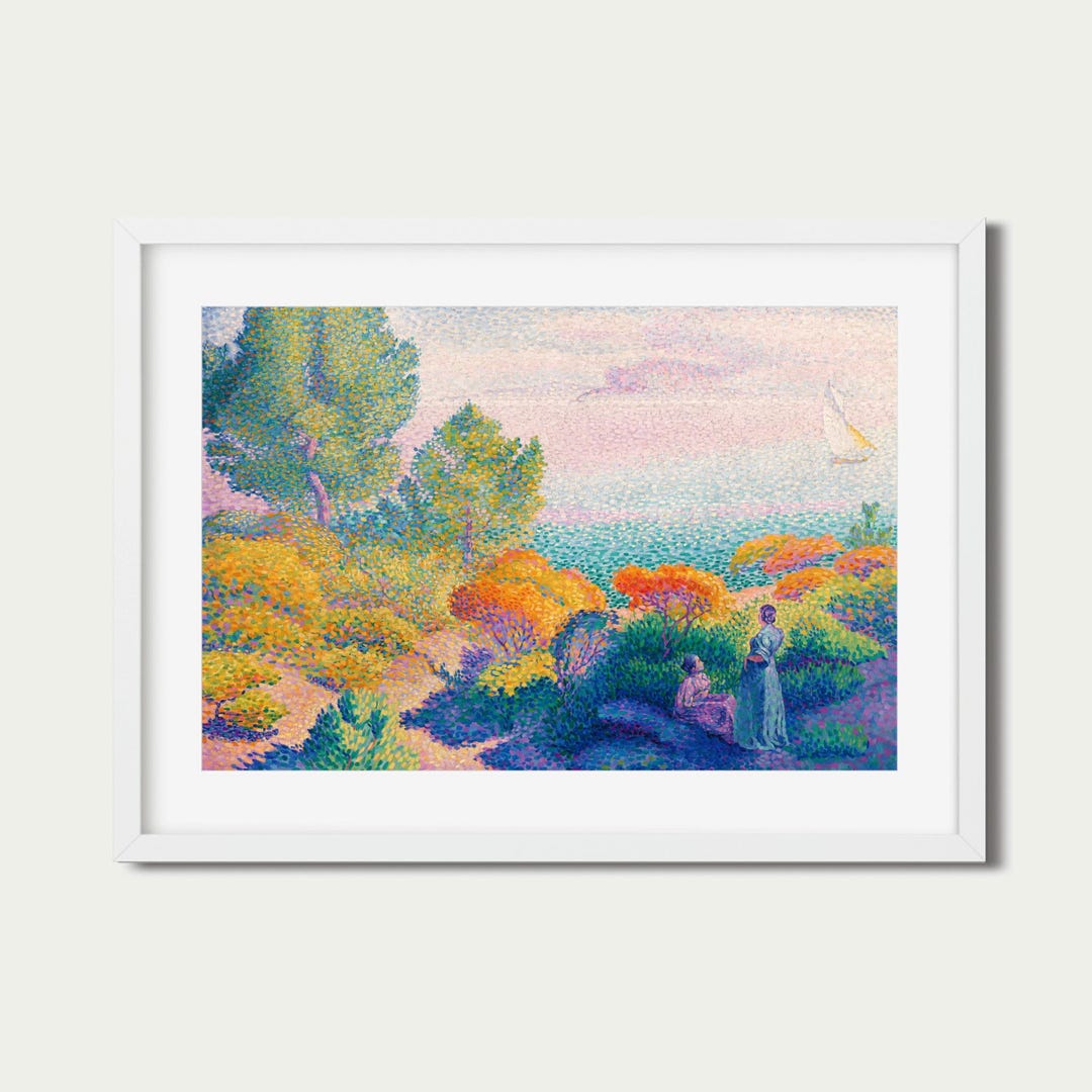 Colorful Coastal Landscape | Pointillism Seascape | Two Women by the ...