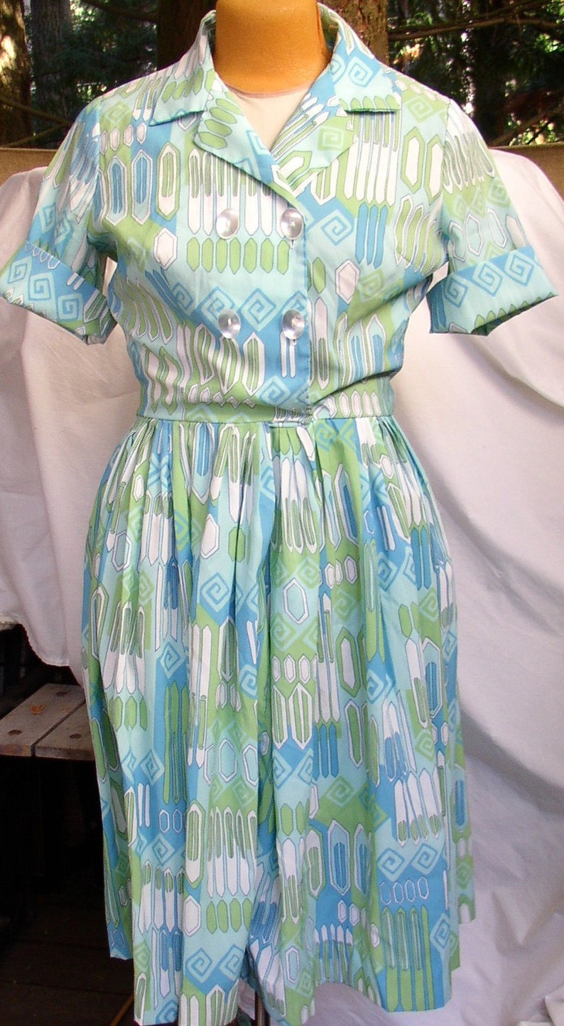VINTAGE DRESS FROCK 1960's blues greens rayon crepe | Etsy