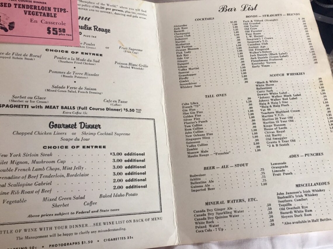 MOULIN ROUGE MENU Vintage Mid Century Collectible Restaurant - Etsy