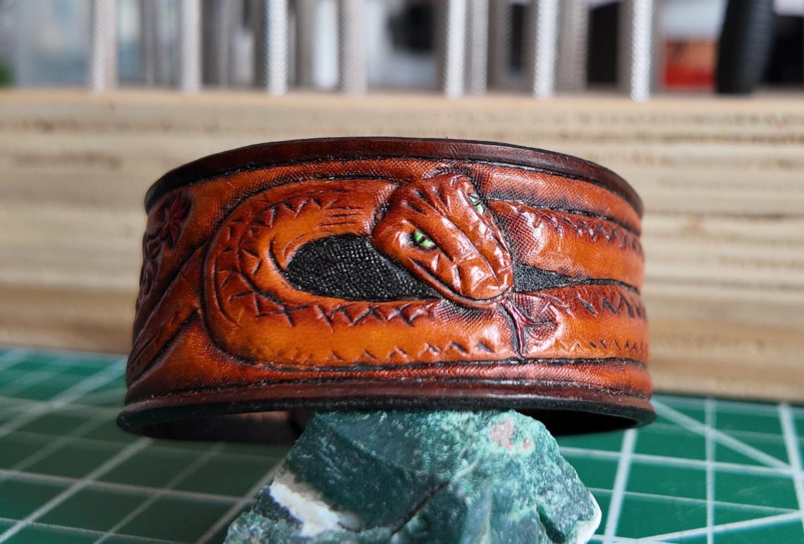 Snake Hand Tooled Genuine Leather Cuff Bracelet, Snap Closure, Size 7.5 ...
