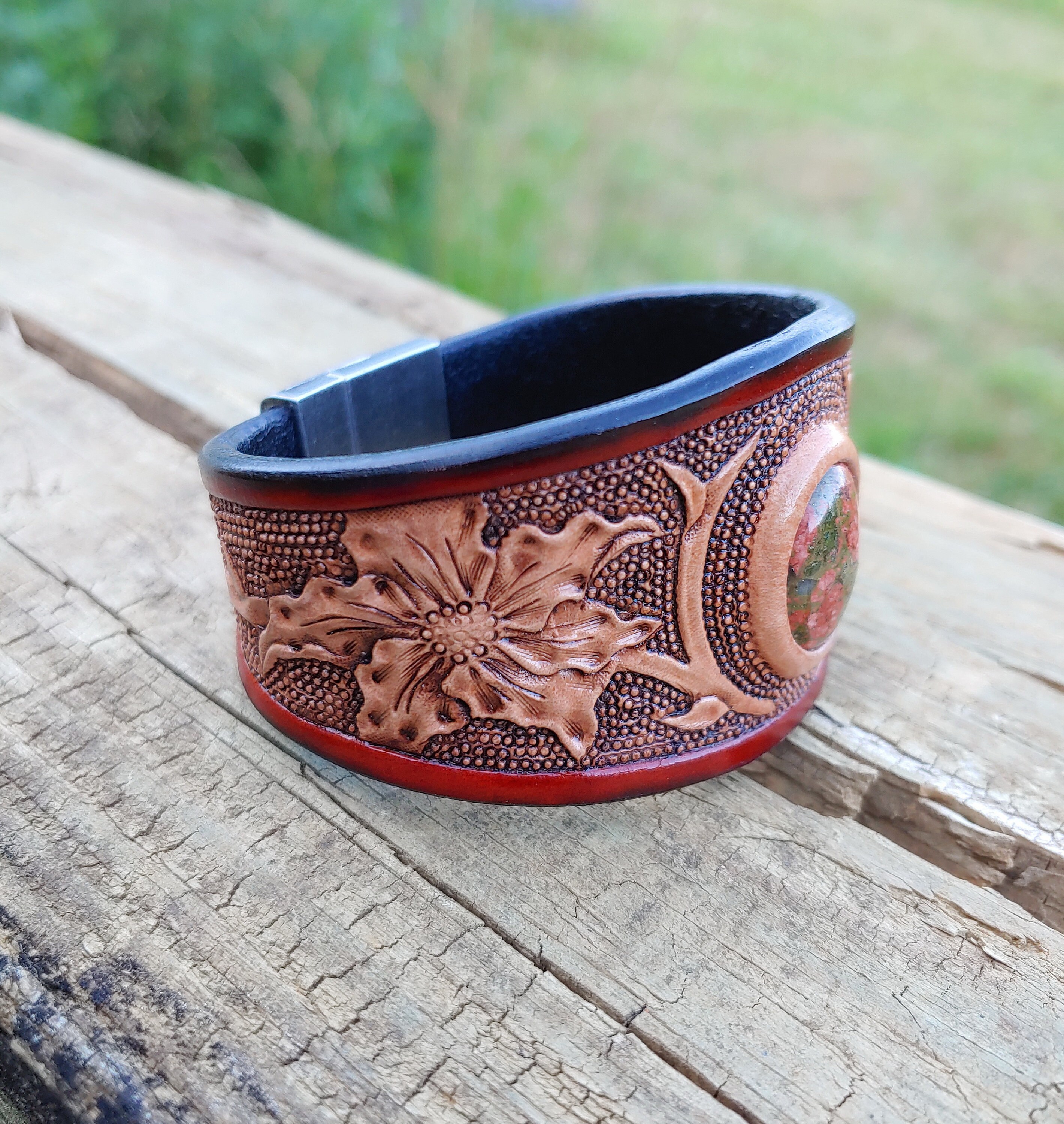 Sheridan Style Hand Tooled Genuine Leather Cuff Bracelet With Genuine ...