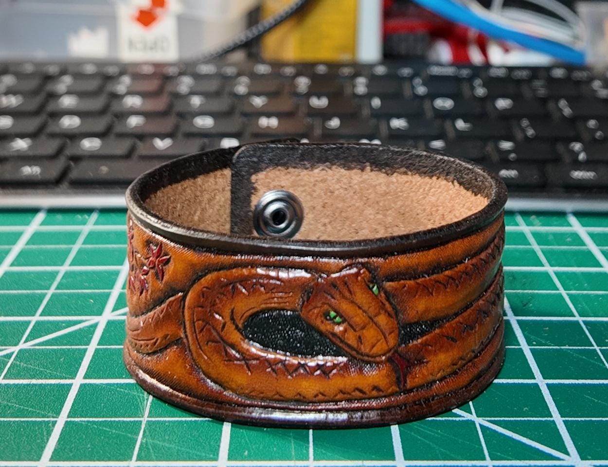 Snake Hand Tooled Genuine Leather Cuff Bracelet, Snap Closure, Size 7.5 ...