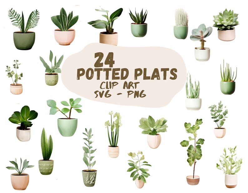 Minimalistic Pastel Watercolor Potted Plant Clip Art Bundle 24 Images ...