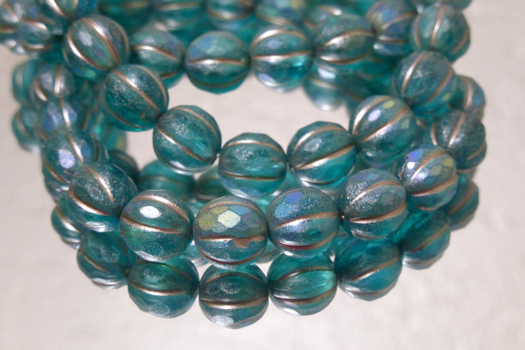 Teal Blue AB Fluted Glass Melon Beads, Metallic Beige Wash 8mm (20) - Etsy