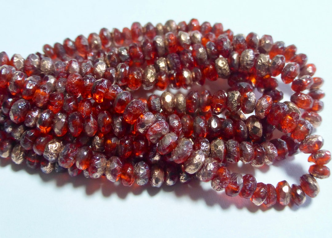 Czech 4x3mm Etched Ruby Red With Copper Faceted Fire Polished Glass ...