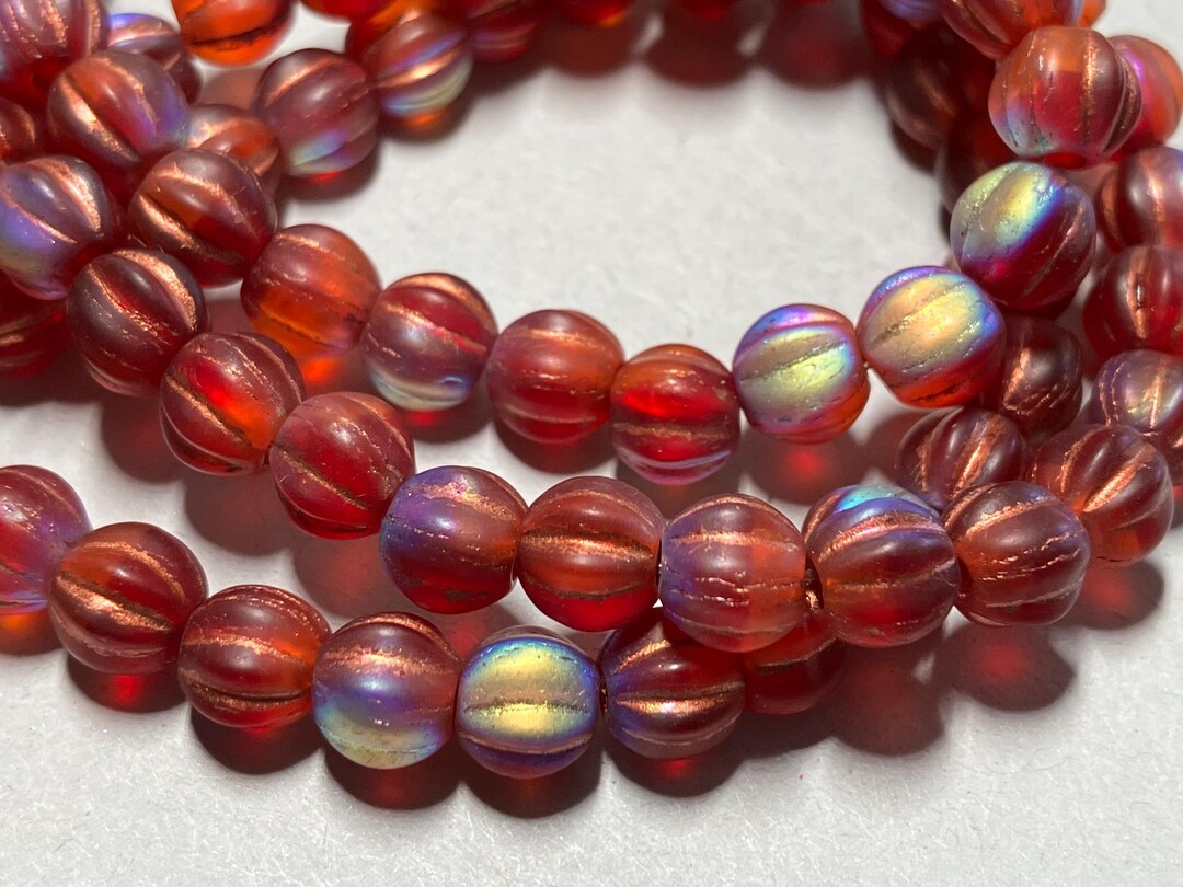 Czech 6mm Matte Ruby Red AB With Copper Wash Fluted Glass Melon Beads ...