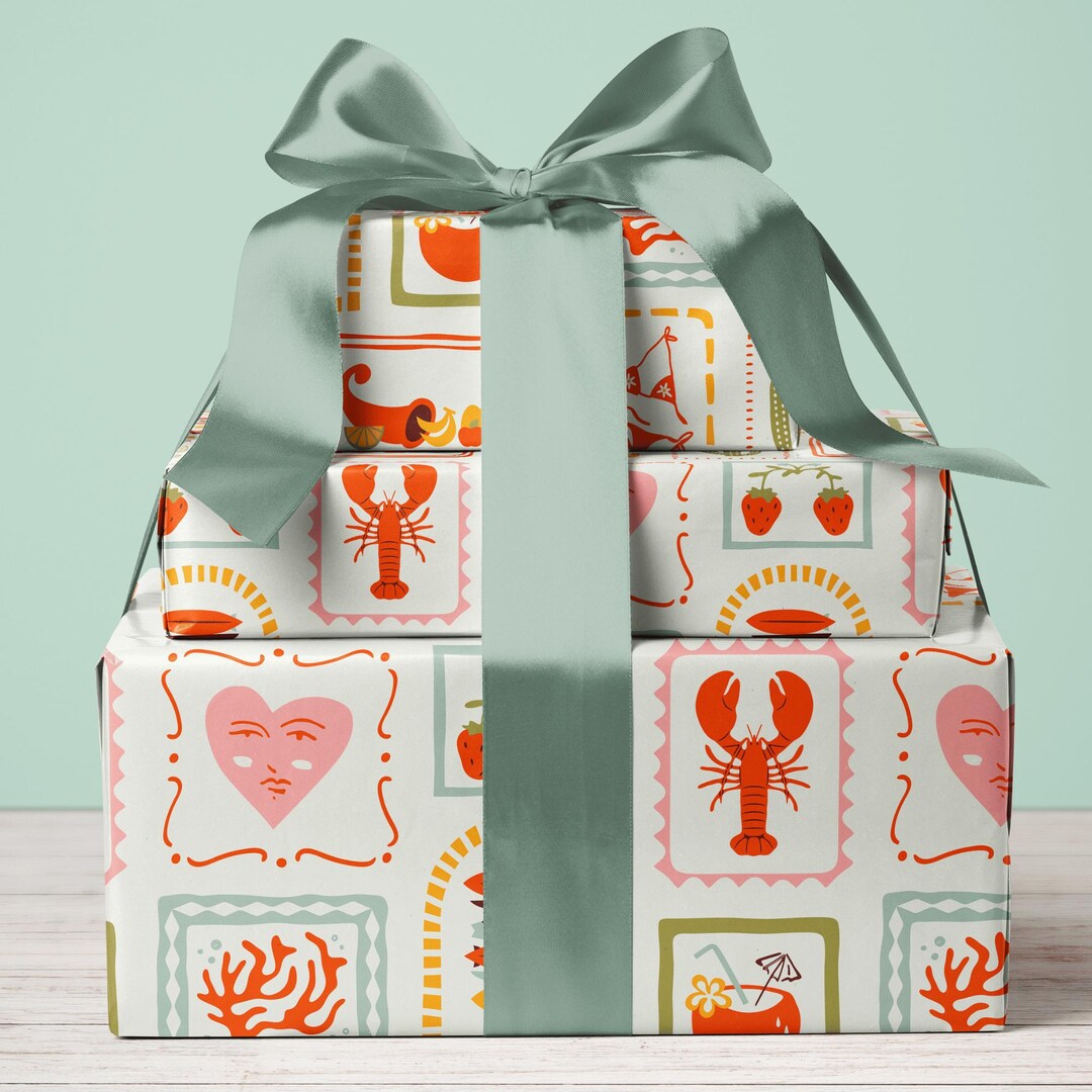 Coastal Wrapping Paper Fun Summer Beach Gift Wrap Red Lobster Nautical ...
