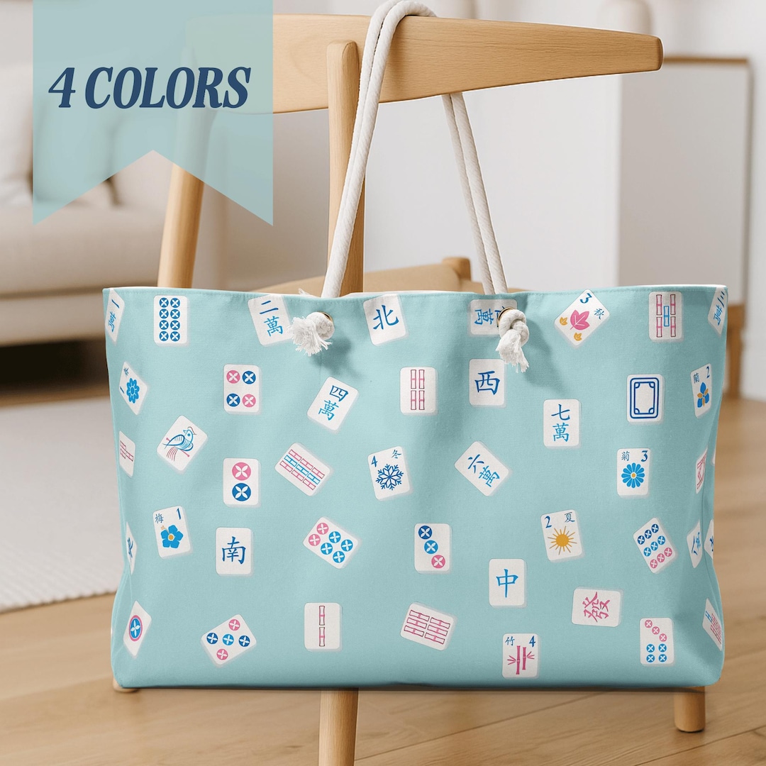Mahjong Bag Large Travel Tote Pastel Mahjong Tile Pattern Dusty Blue ...