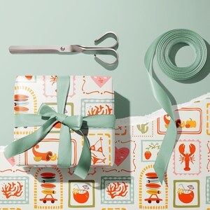 Coastal Wrapping Paper Fun Summer Beach Gift Wrap Red Lobster Nautical ...
