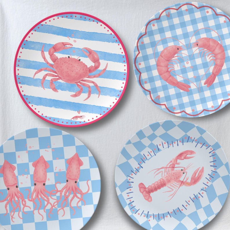 Plate Set Dinner Plate Kitchen Dish Coastal Summer Table Decor Lobster ...