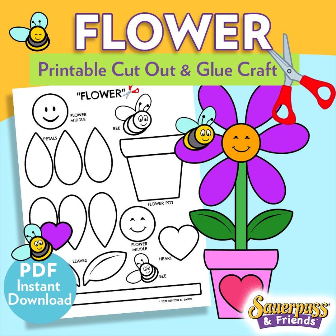 Flower Printable Cut Out and Paste Kit, Kids Preschool Flower Coloring ...
