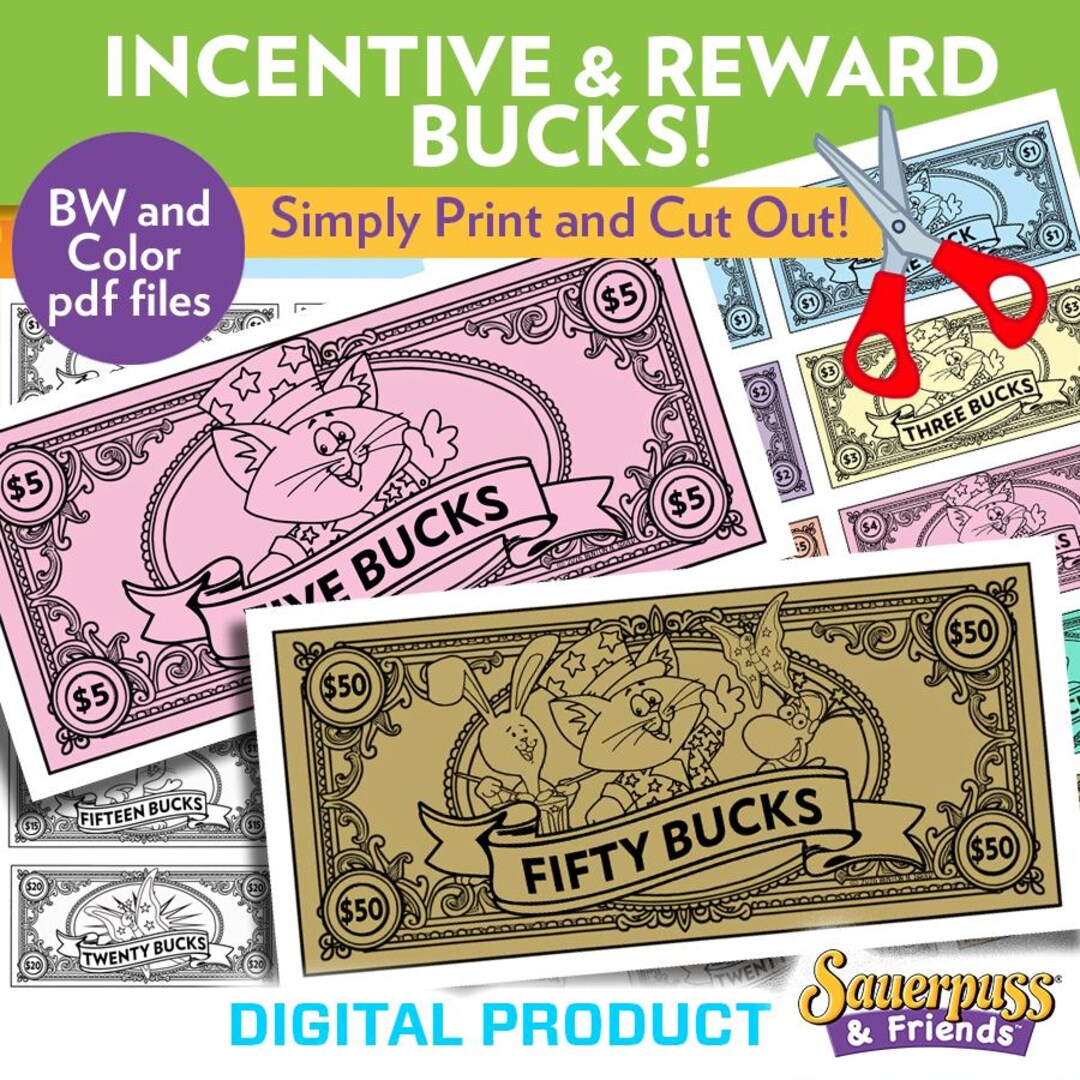 Printable Reward Bucks, Kids Play Money, Chore and Behavior Incentive ...