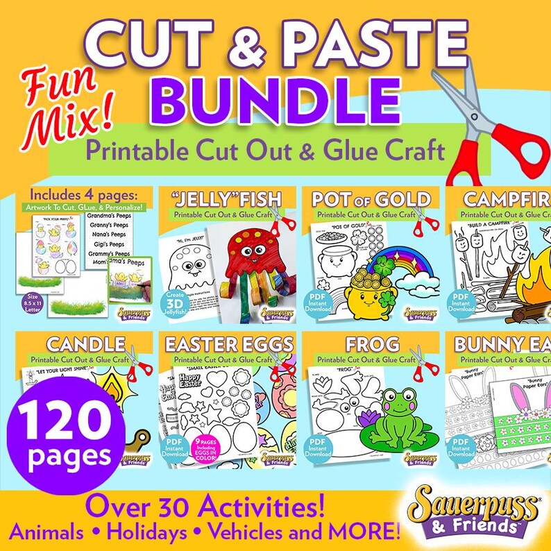 Printable Cut & Paste Activity Pack, Fun Mix of Animals, Holidays, and ...